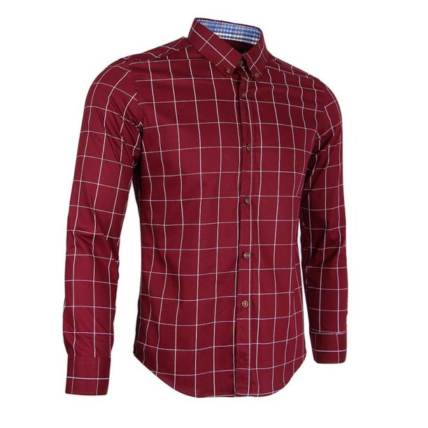 Men Long Sleeve Plaid Slim Fit Button Down Casual Business Dress Cotton