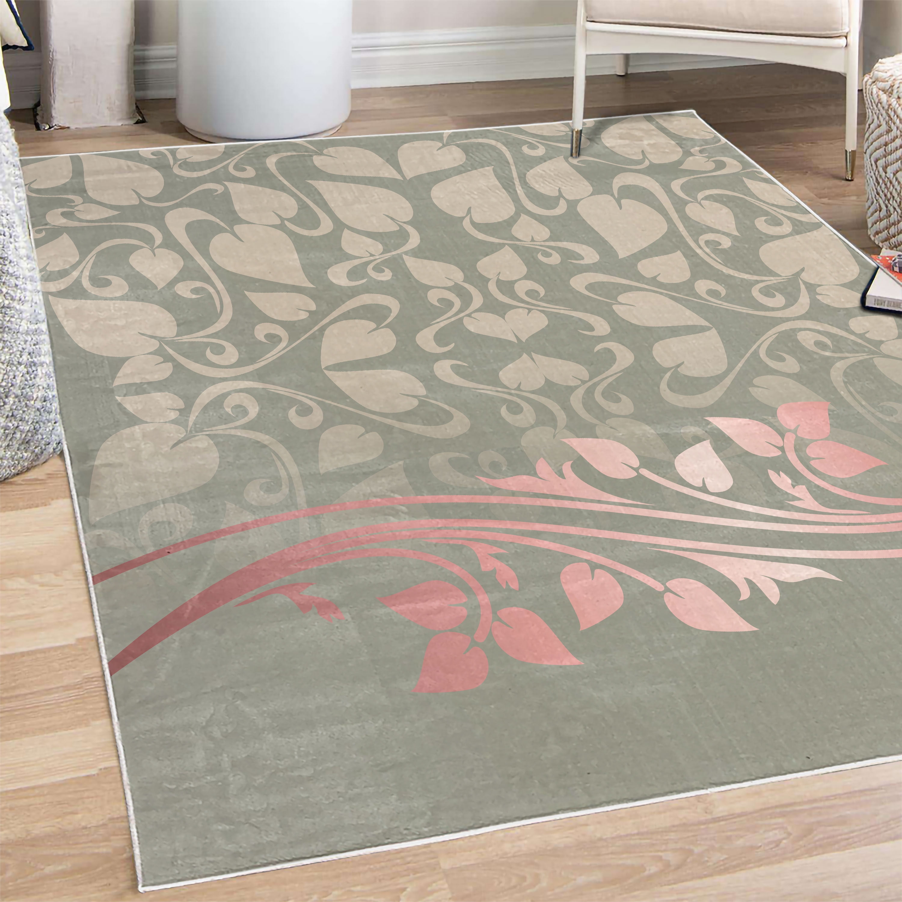 Floral Decorative Rug, Romantic Royal Leaf Pattern Yellow Colored ...