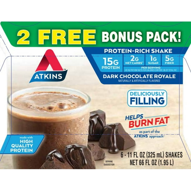 Atkins Protein Shake, 5g Fiber, Dark Chocolate Royale, 6 Count ...