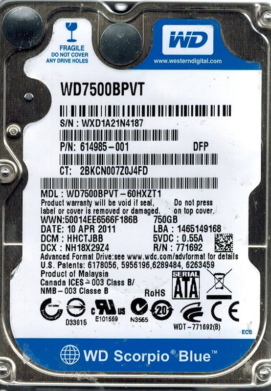 Western Digital WD7500BPVT-60HXZT1 750GB DCM: HHCTJBB - Walmart.com