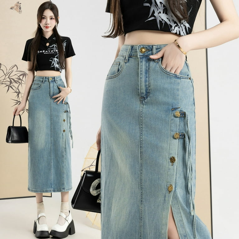 New High-Waisted Chinese Retro Denim Skirt with Split Design New High-Waisted Chinese Retro Denim Skirt with Split Design