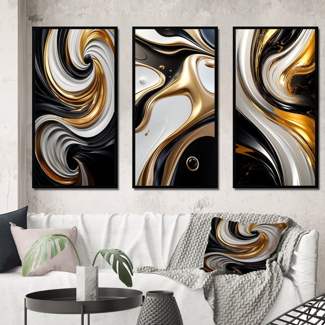 Designart "Dimensional Wave in Liquid Gold, Black, and White" Abstract ...