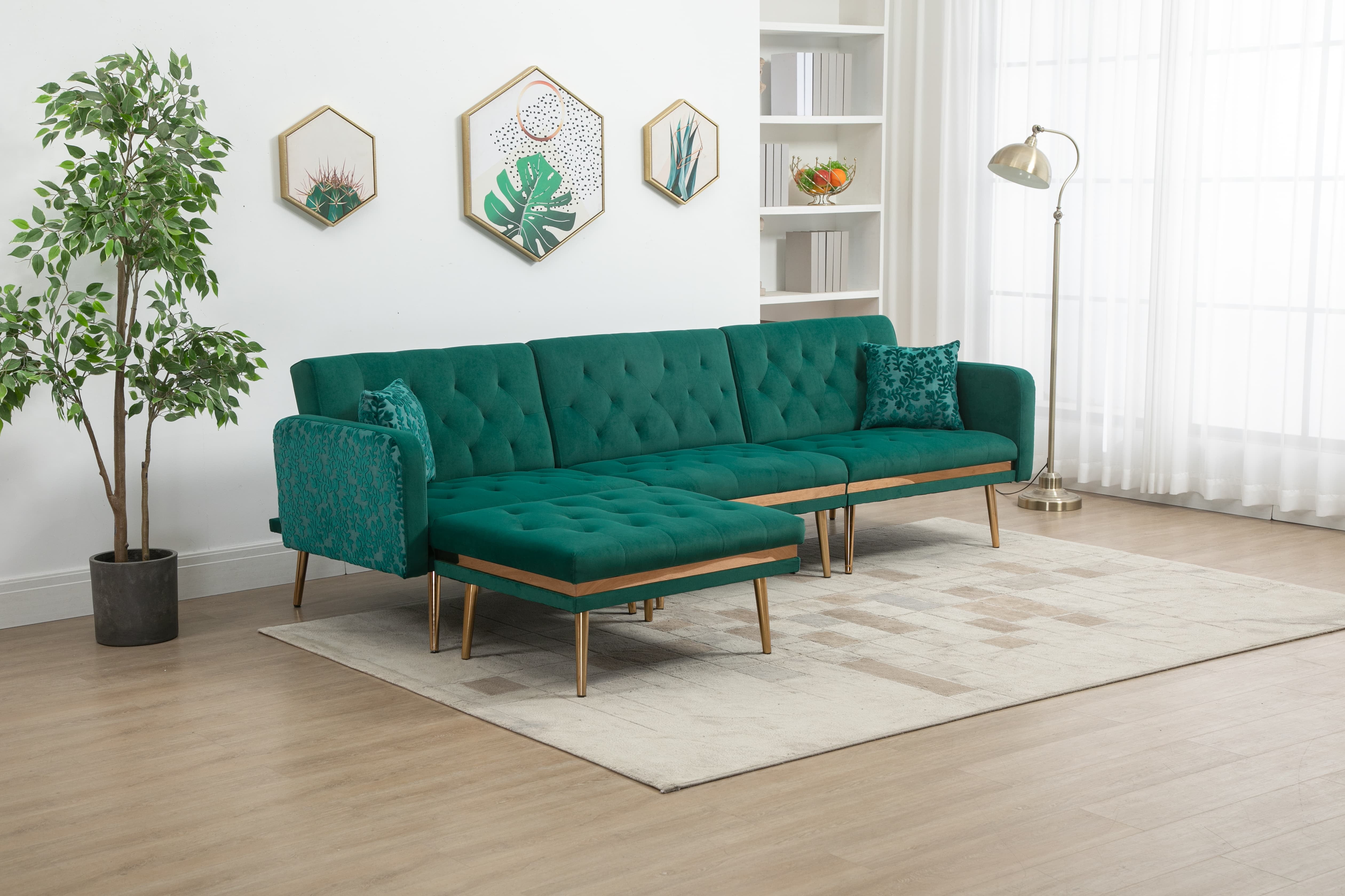 Convertible Sectional Sofa Bed with Removable Ottoman Velvet L-Shaped ...