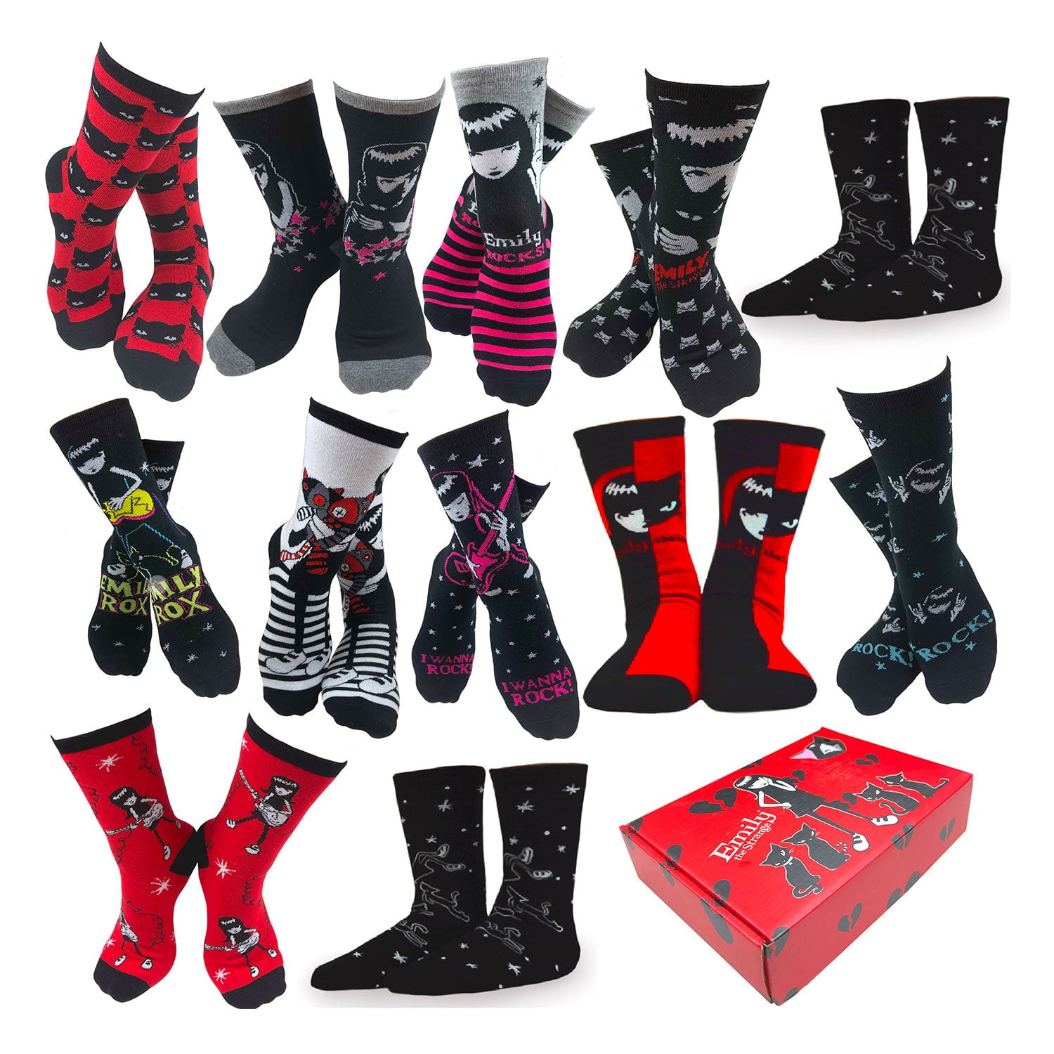 Emily the Strange 12 Pair Pack Halloween Socks Girl's Fun Colorful Crew ...