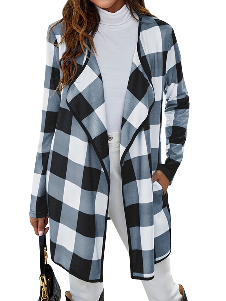 Hubery Women Lapel Neck Long Sleeve Checkered Print Pocket Cardigan