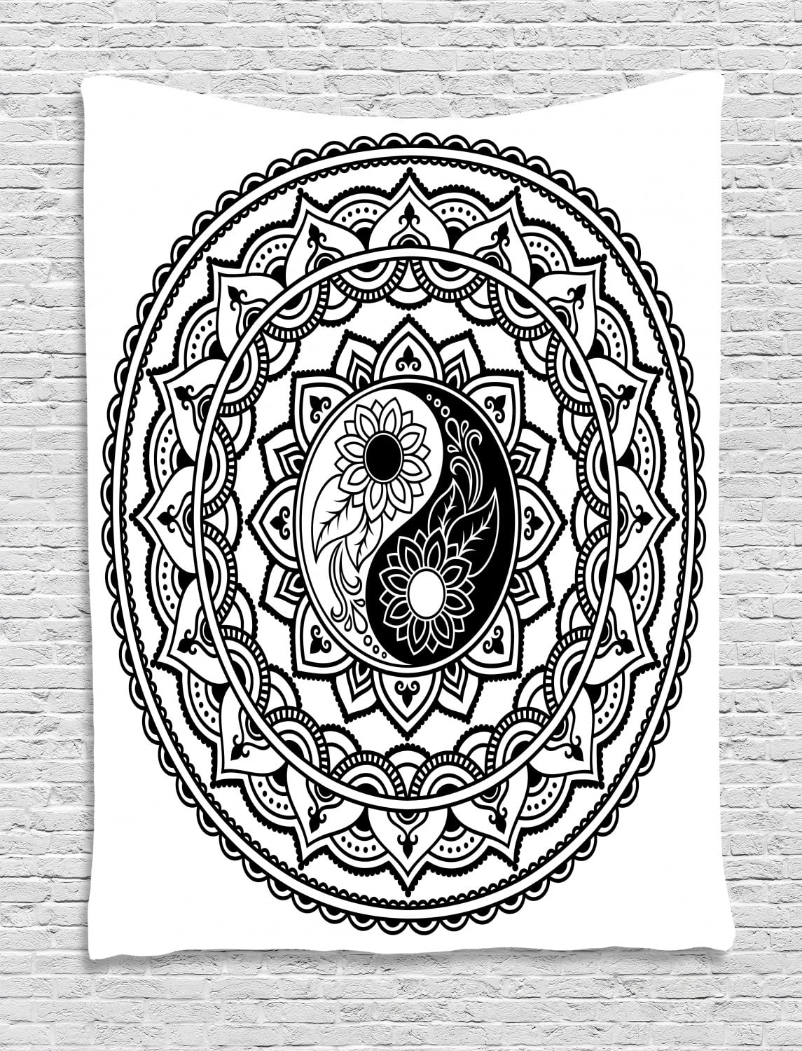 Ying Yang Decor Tapestry, Decorative Symbol with Lace Style Blossoms ...
