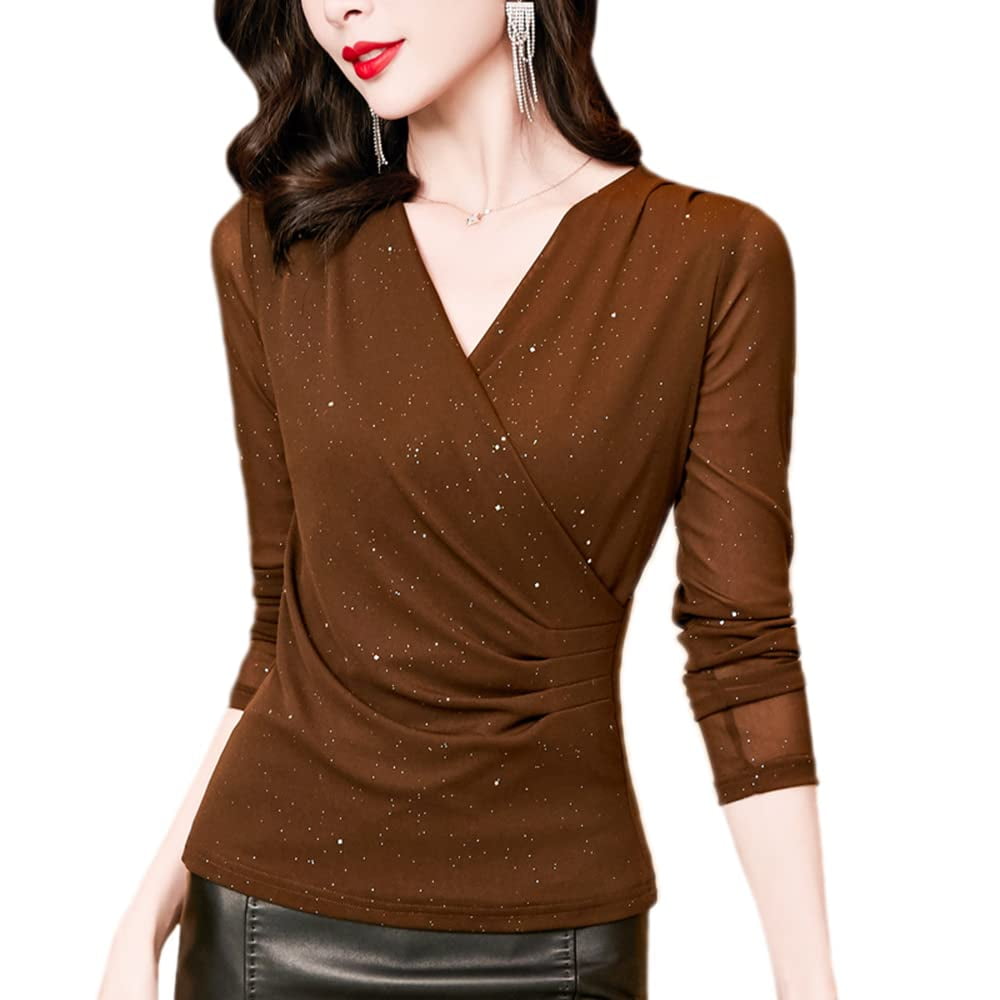 YM YOUMU Women Long Sleeves Mesh Sheer Front Surplice Wrap Top V Neck Sparkle Cross Blouse Shirt ...