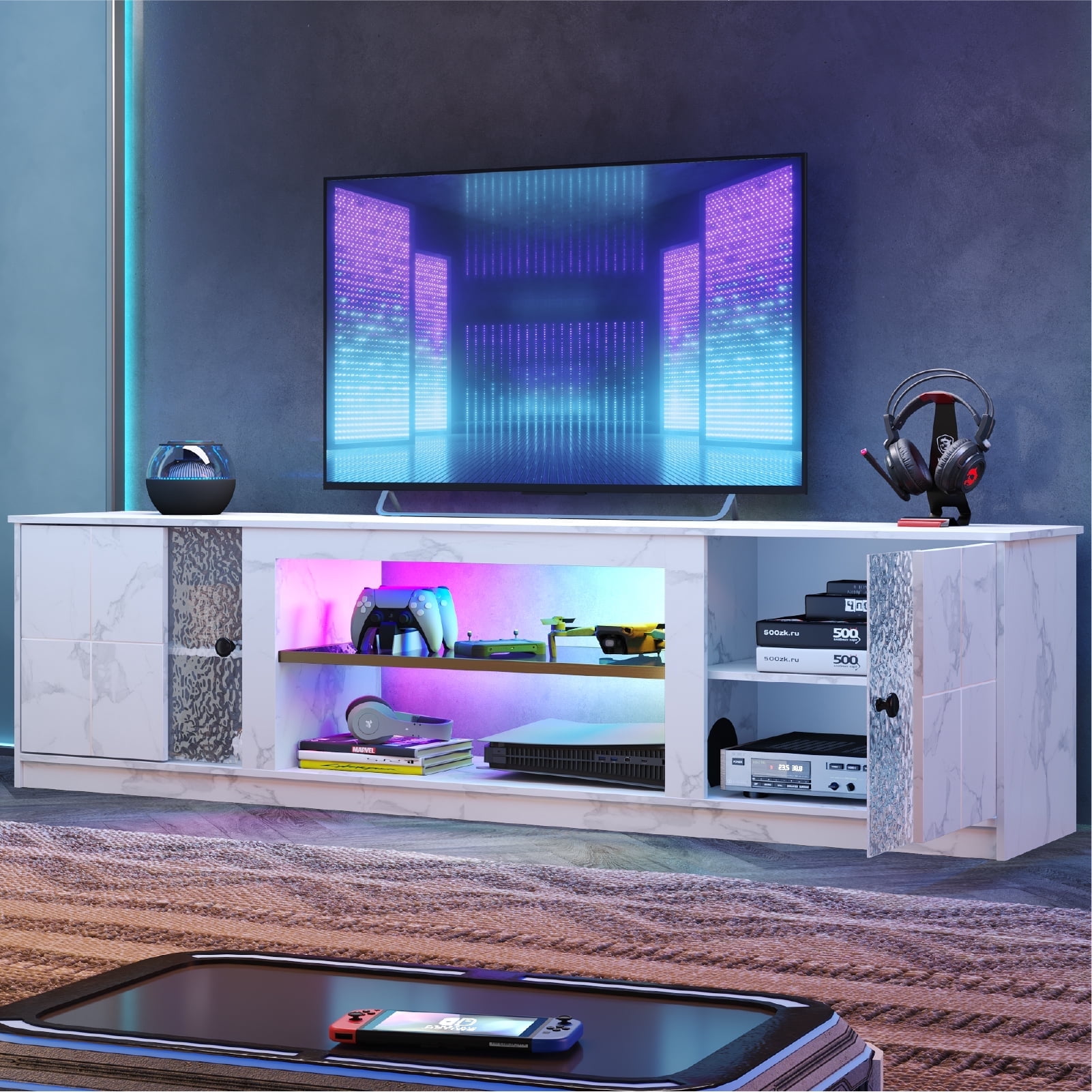 Pinmoco 70 Led Tv Stand For Tvs Up To 80 large Gaming Entertainment Centre white Marble
