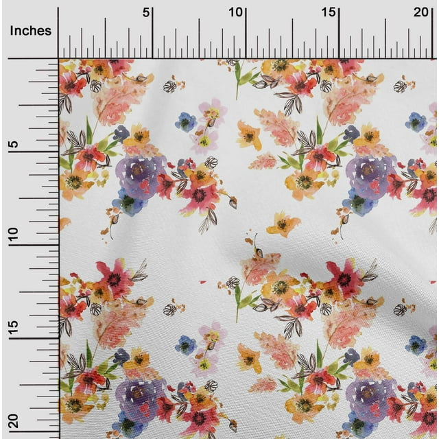 oneOone Cotton Poplin White Fabric Flower Watercolor Sewing Material ...
