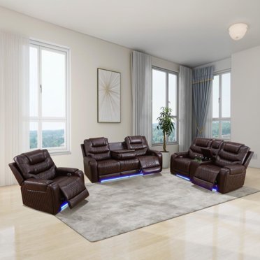 AYCP Multifunction Power Air Leather Recliner Sofa Set with LED Lights ...