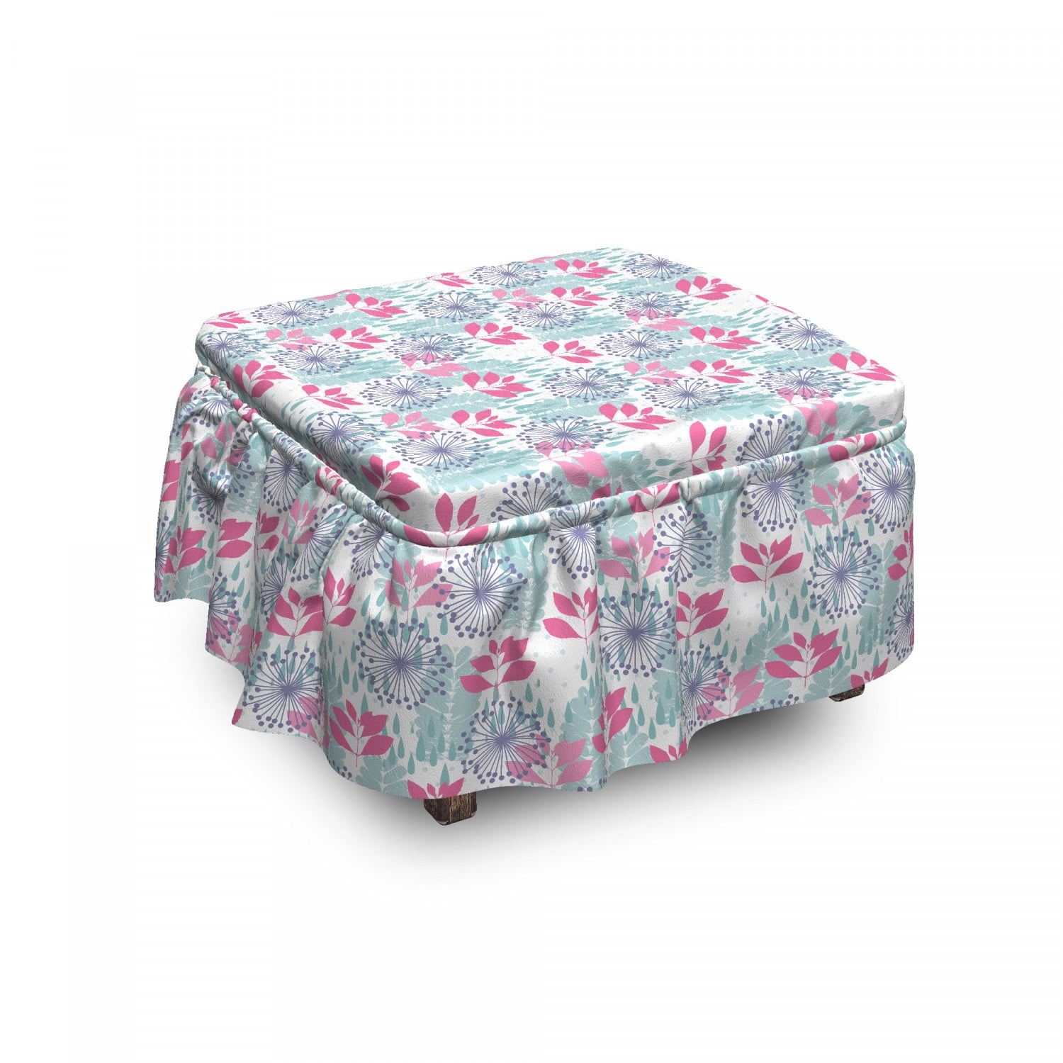 Spring Ottoman Cover, Floral Nature Art Rain Drops, 2 Piece Slipcover ...