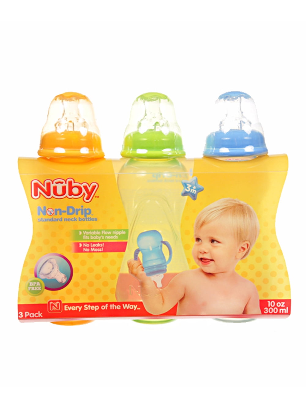 Nuby 3-Pack Non-Drip Standard Neck Bottles (10 oz.) - lime/blue, one ...