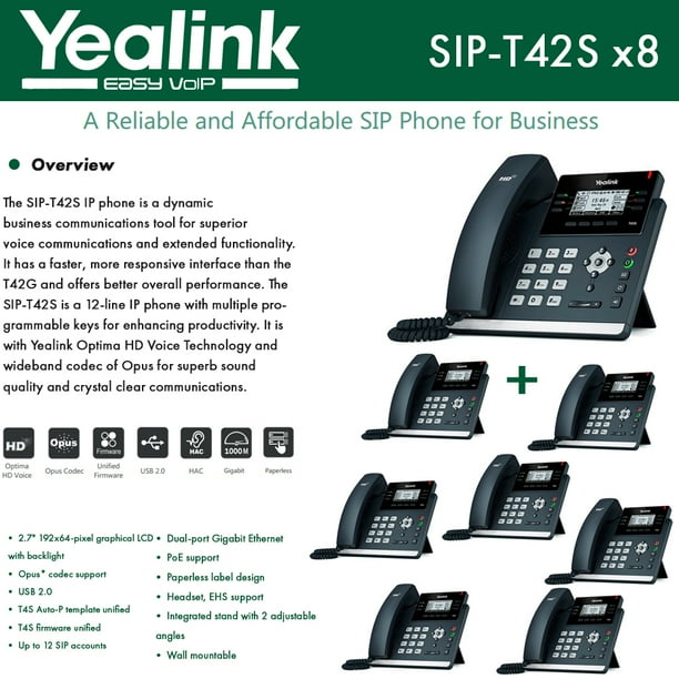 Yealink IPPhone SIP-T42S 8-Pack Dual-port Gigabit Ethernet PoE support - Walmart.com - Walmart.com