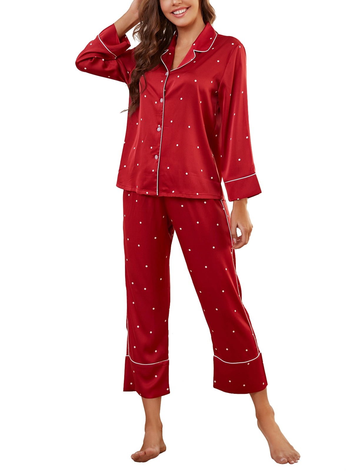 Womens Silk Satin Pajama Set Long Sleeve Notch Collar Loungewear Two