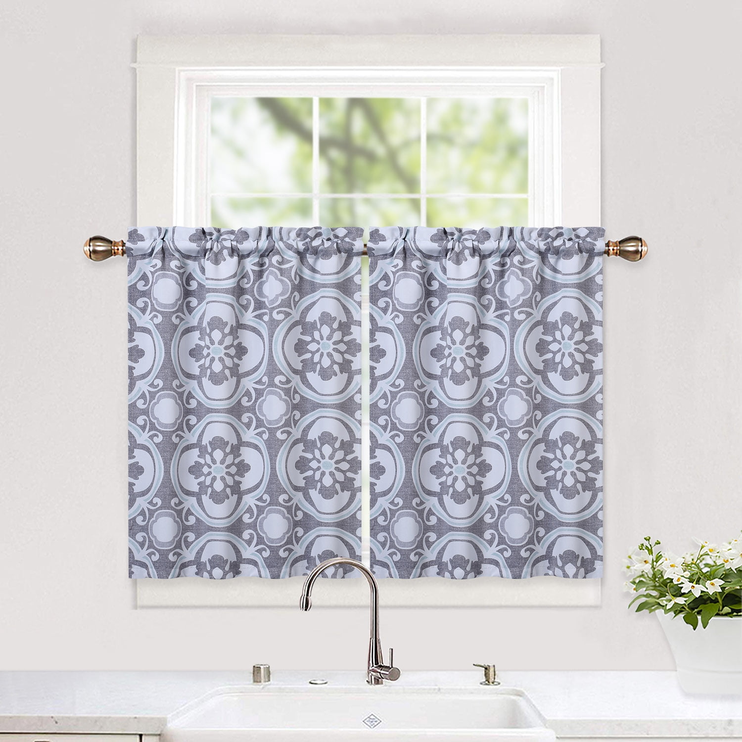 Oyang Tier Curtains for Window, Floral Pattern Medallion Printed Room ...