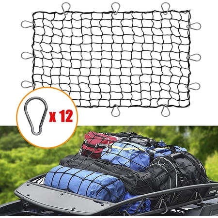 3'x4' Roof Cargo Net Stretches to 6'x8' with 12 Carabiner Clips for SUV ...