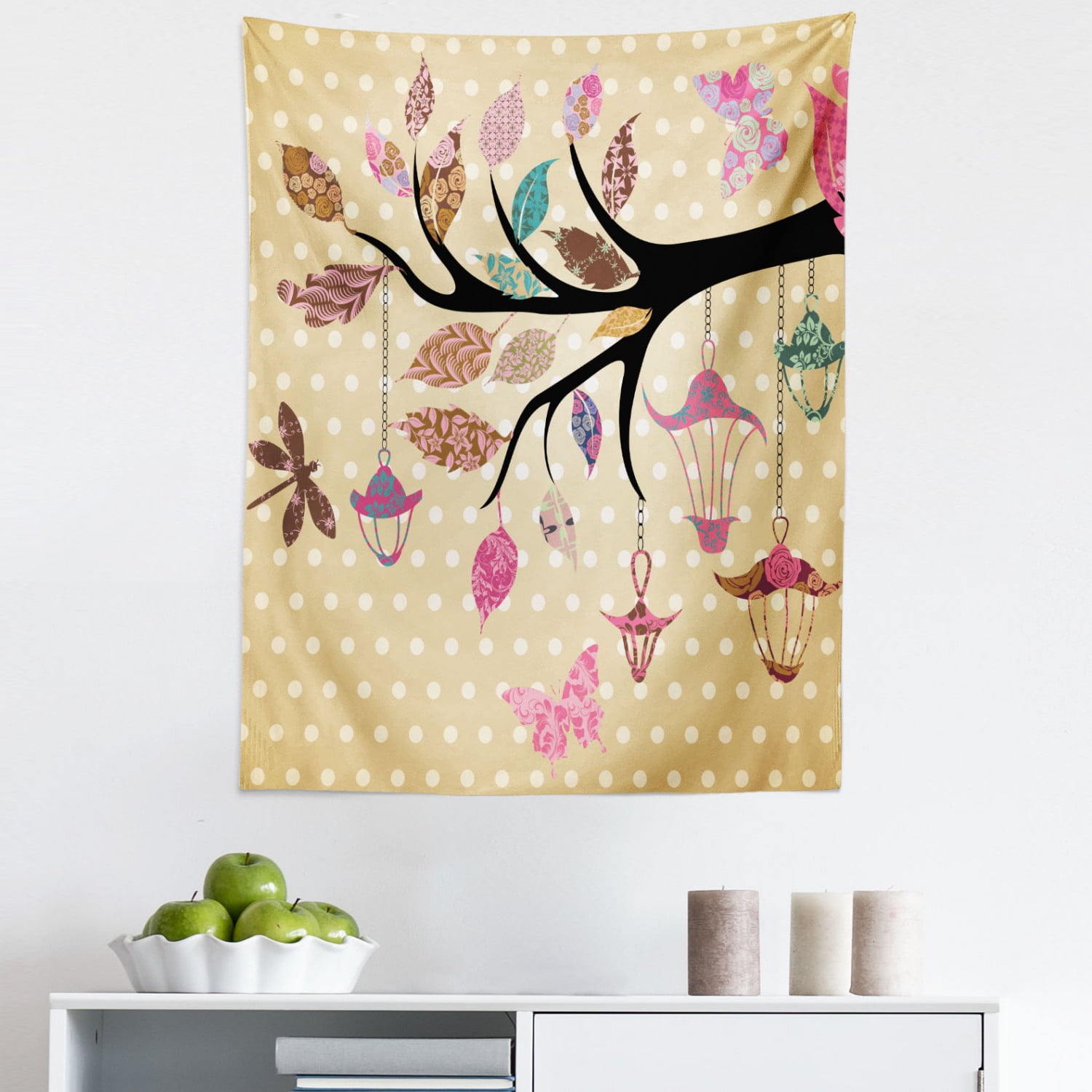 Floral Tapestry, Tree Branch with Original Lantern and Leaves on Polka ...