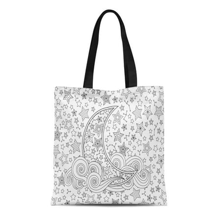 JSDART Canvas Tote Bag Contour of Moon Crescent Clouds and Stars in ...