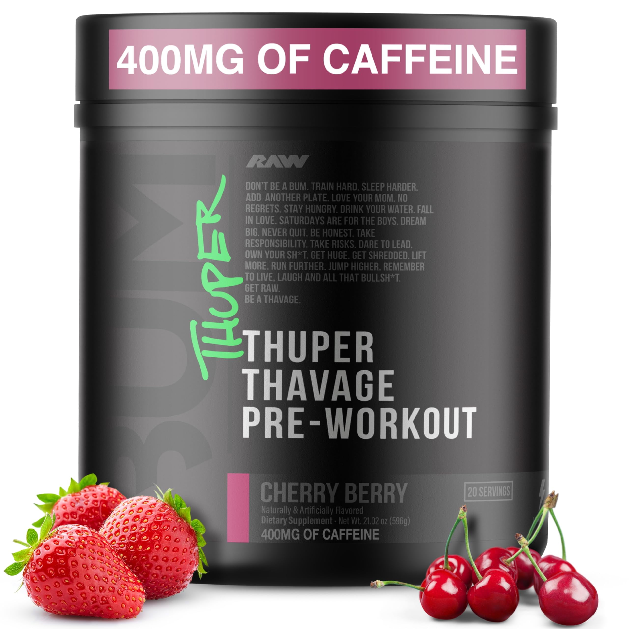 Polvo para antes del entrenamiento RAW Thuper Thavage con creatina, 20 ...