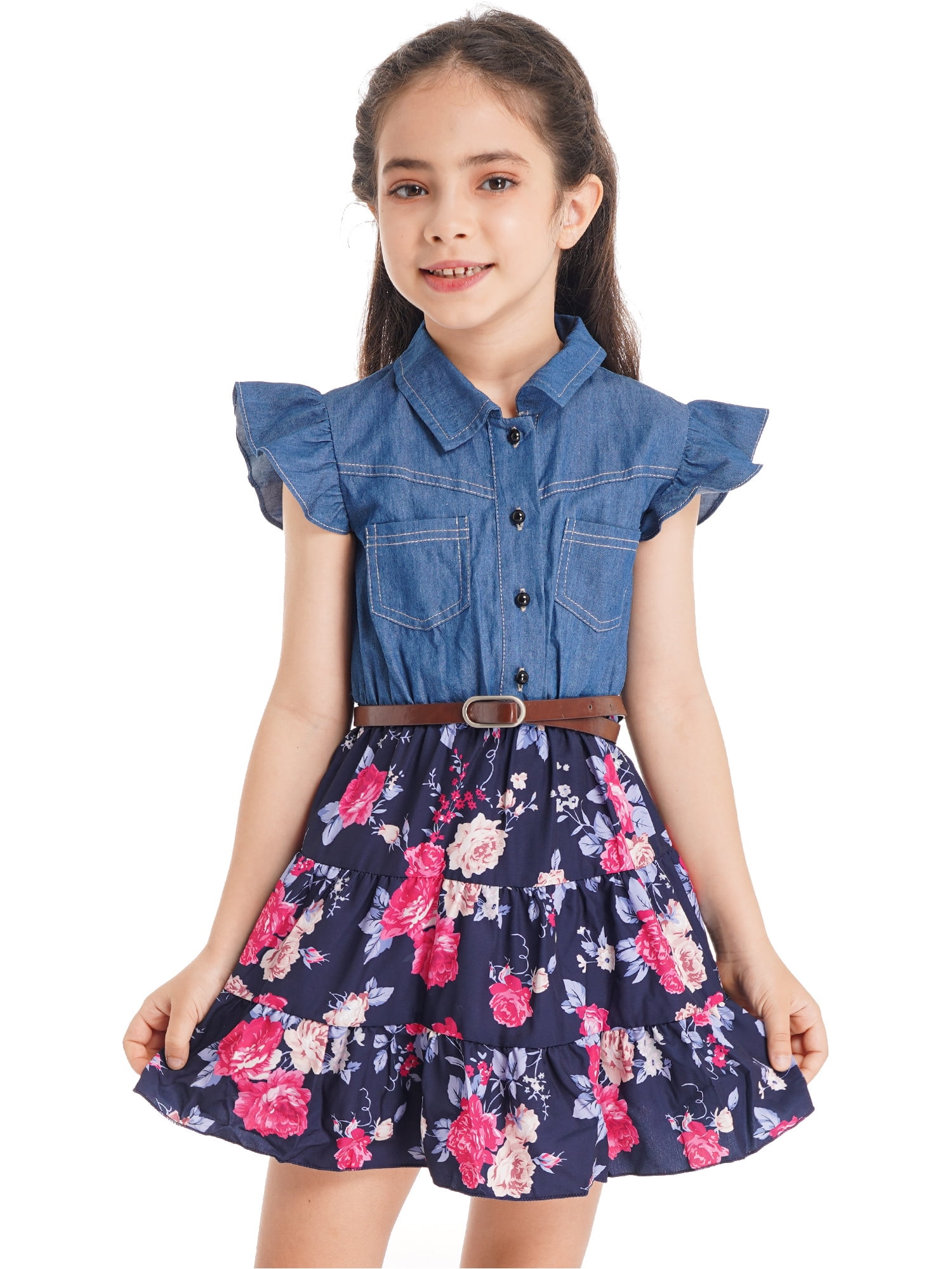 iEFiEL Kids Girls Summer A-line Dress Denim Bodice Floral Print Dress ...