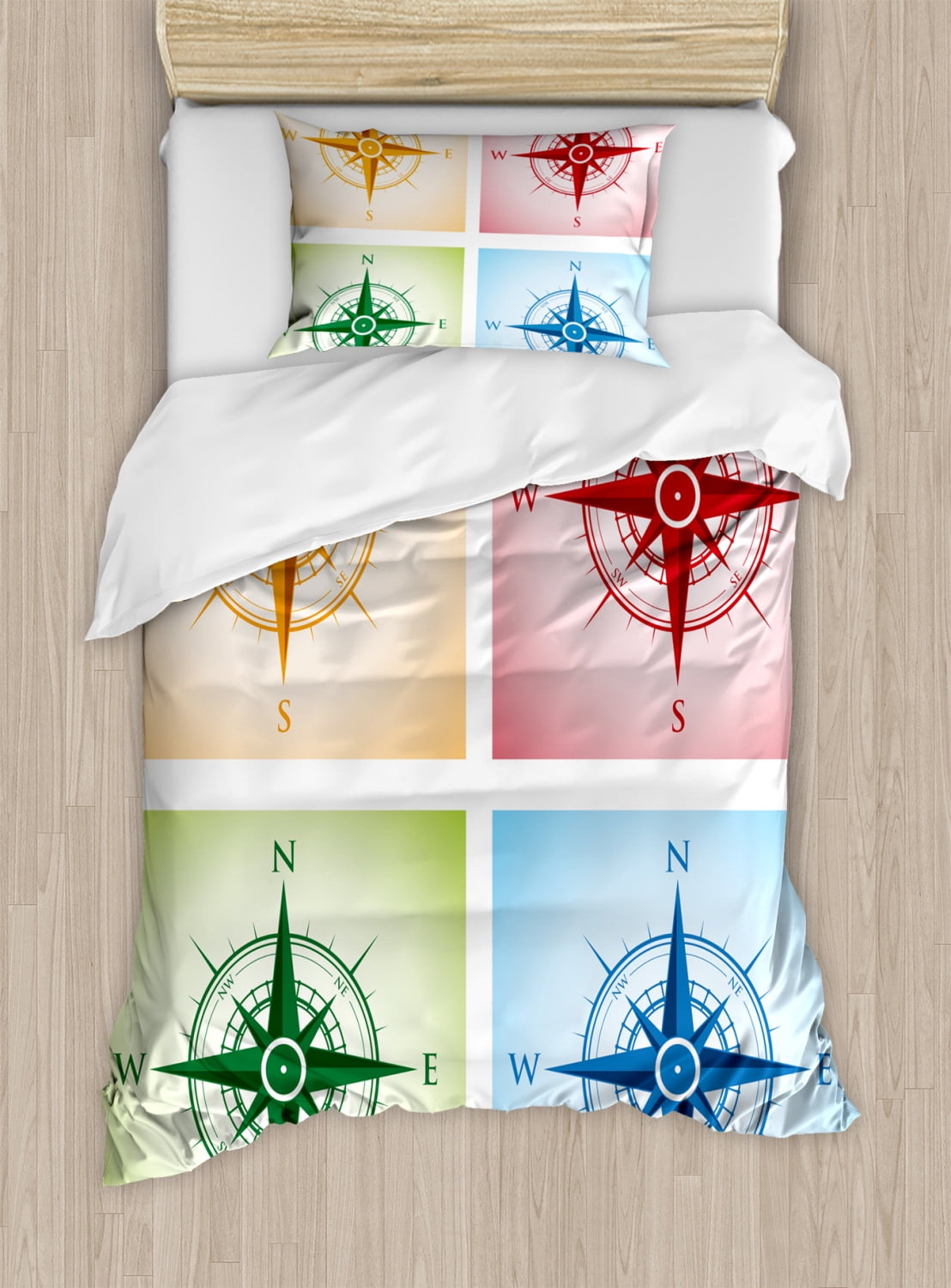 Compass Duvet Cover Set Twin Size, Colorful Compasses Windrose Finding ...