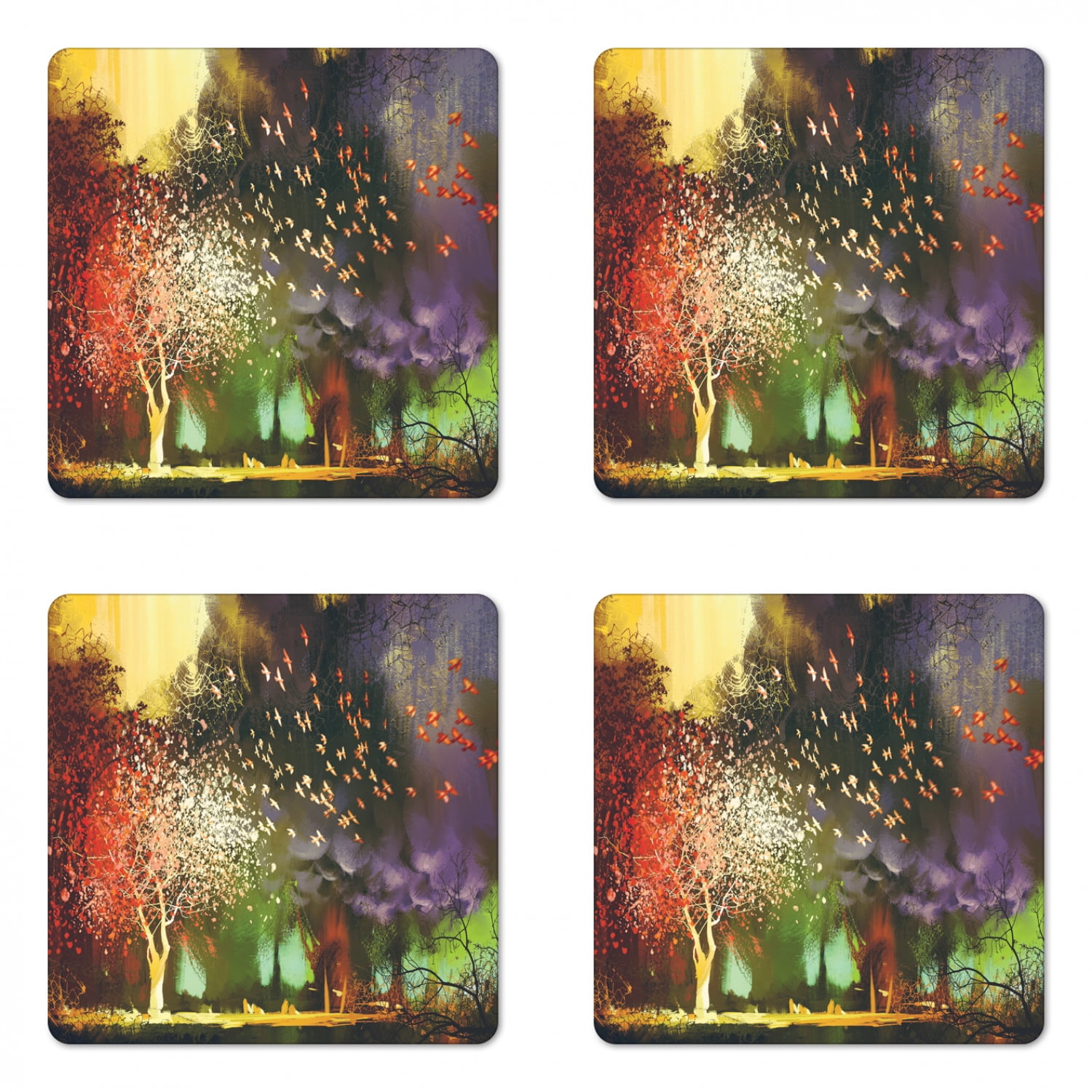 Fantasy Coaster Set of 4, Fairy Forest with Mysterious Trees and Birds ...