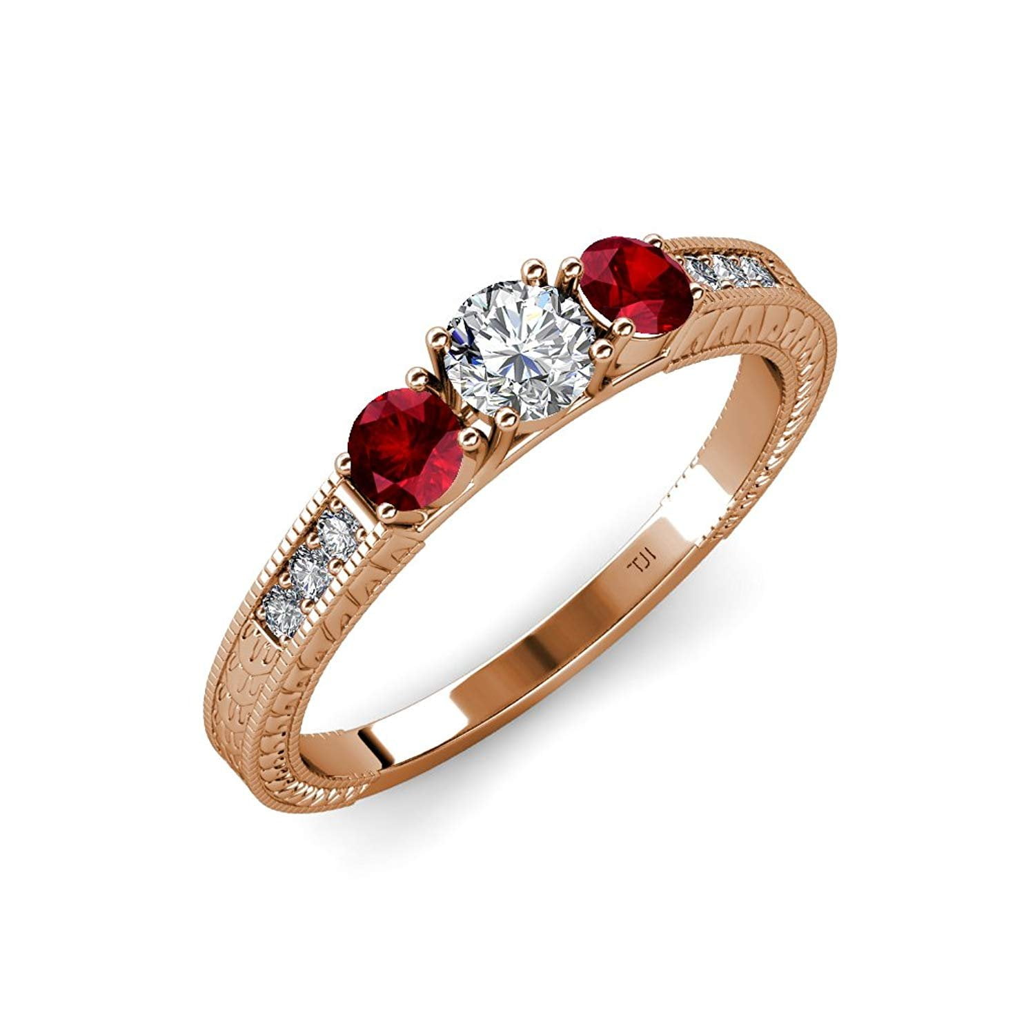 Diamond and Ruby Milgrain Work 3 Stone Ring with Side Diamond 0.85 ct ...