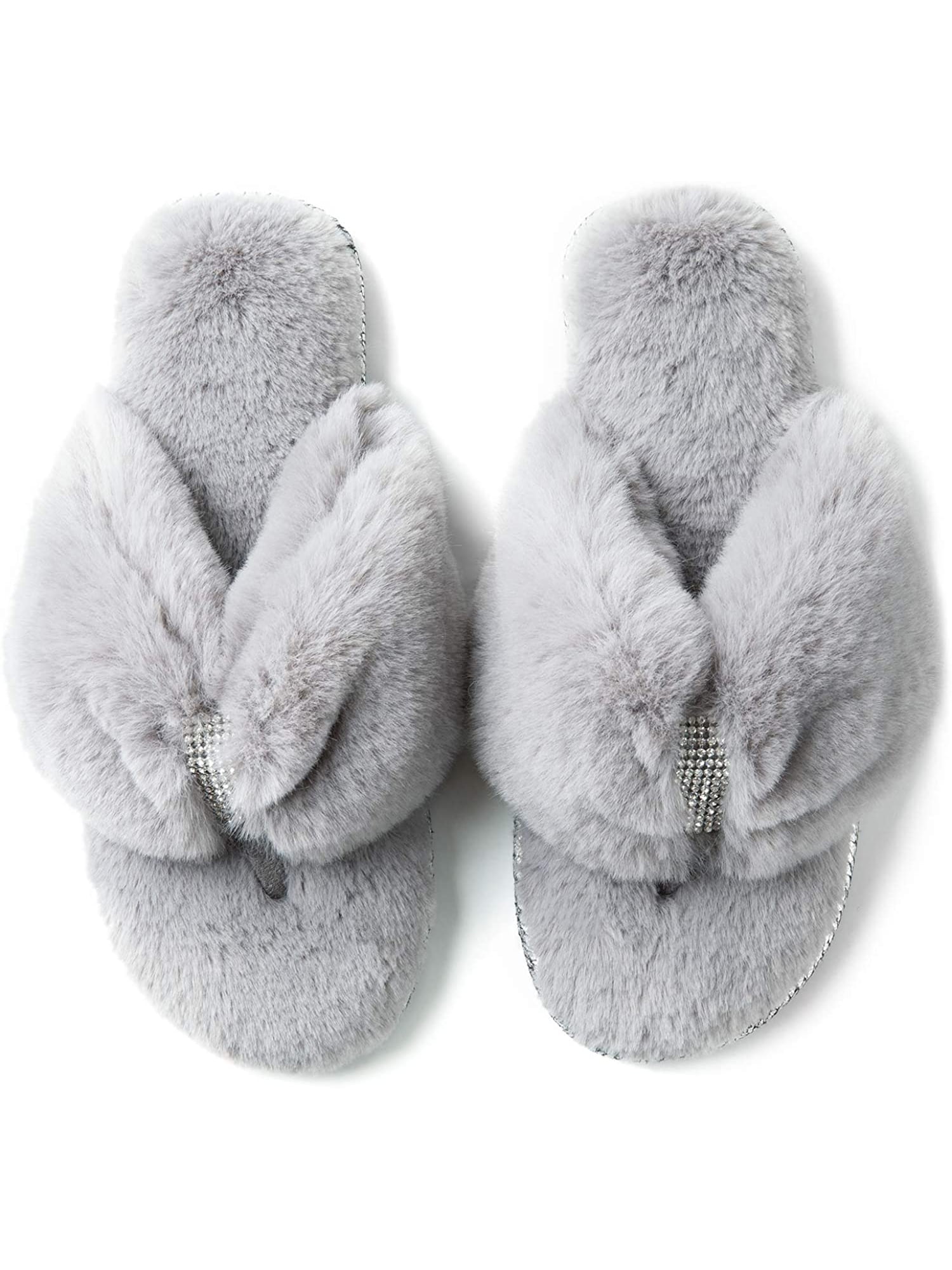 RockDove Women's Rhinestone Faux Fur Flip Flop House Slipper with ...