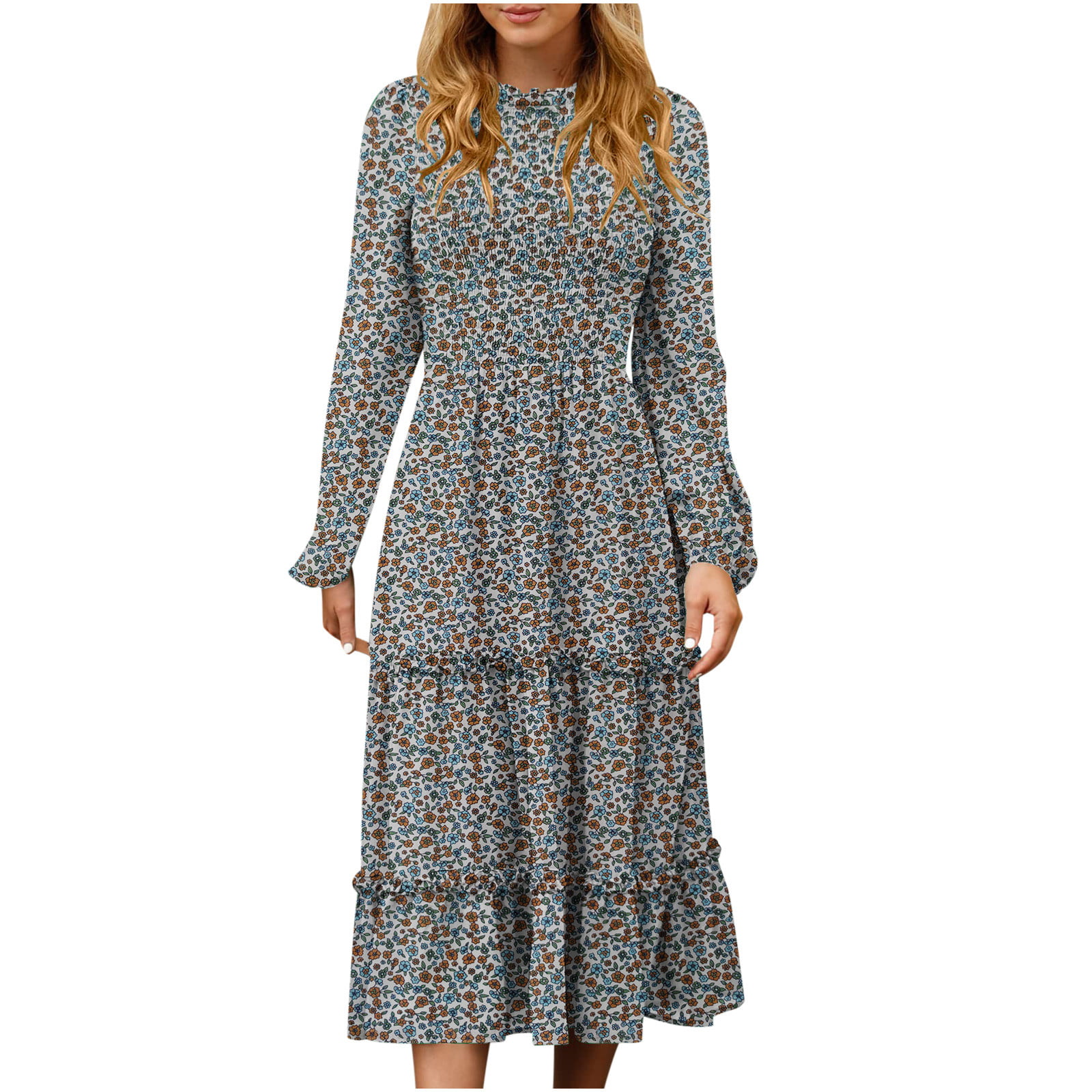 Long Sleeve Dress for Women Smocked Boho Solid/Floral Long Dresses High ...