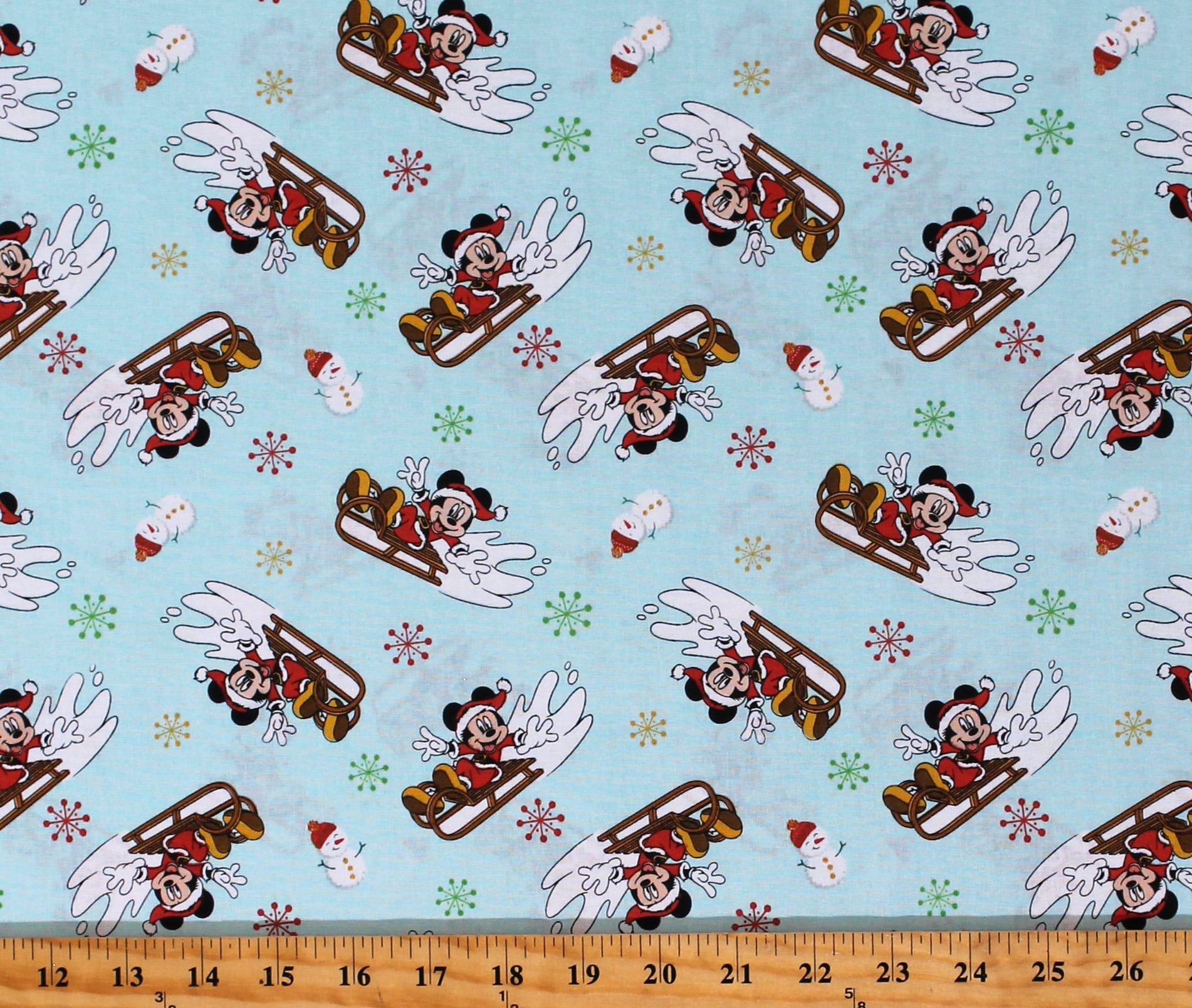 Cotton Mickey Mouse Sleds Sledding Snowmen Snowflakes Christmas Winter ...