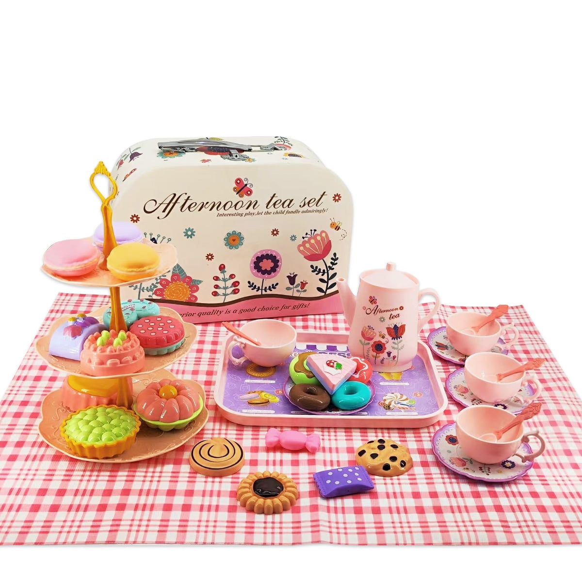 Tea Set with Cake Stand and Dessert Play Food for Kids with Case Tea ...
