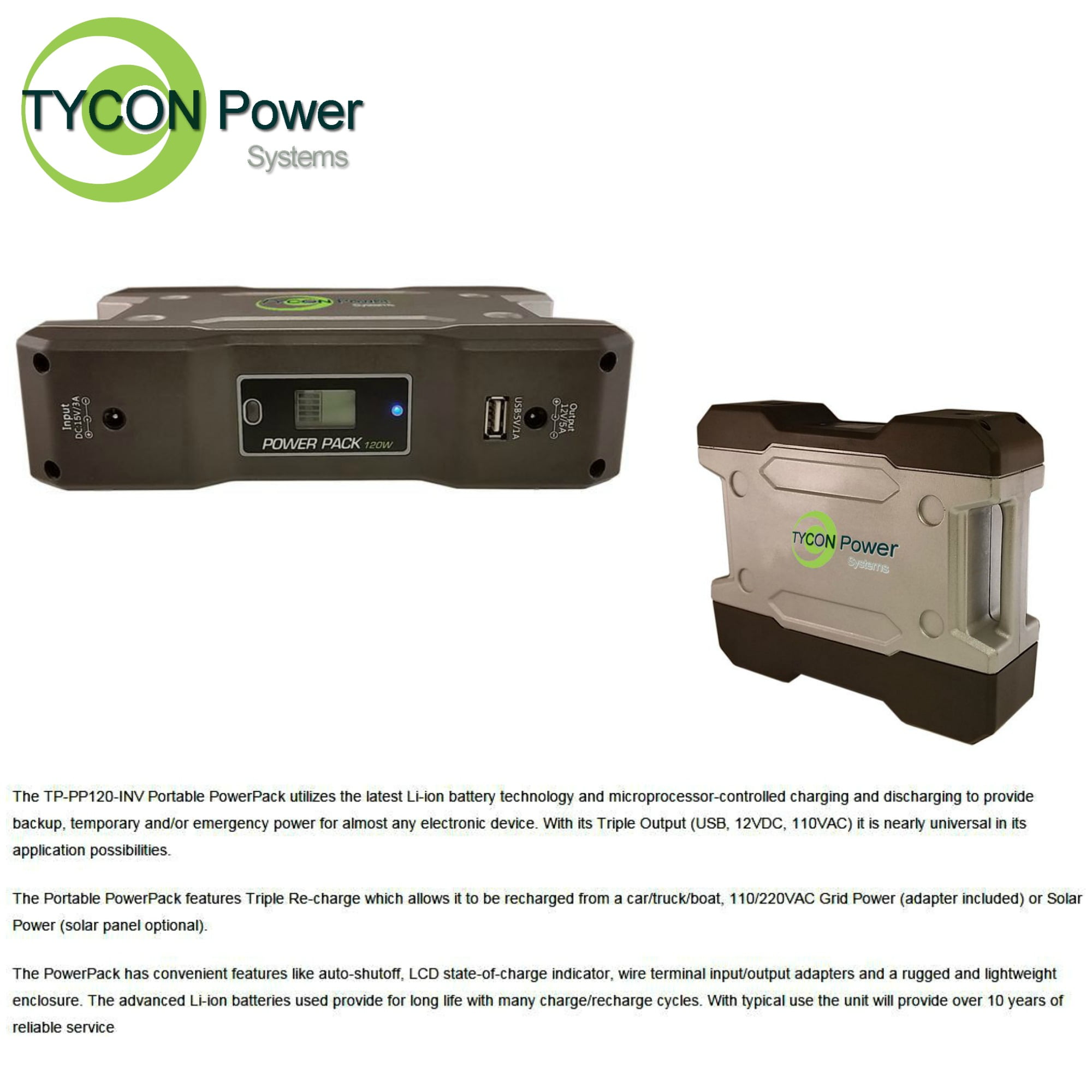 Tycon (TP-PP120-INV) 120W Portable Power Pack, USB,12VDC, 110VAC ...