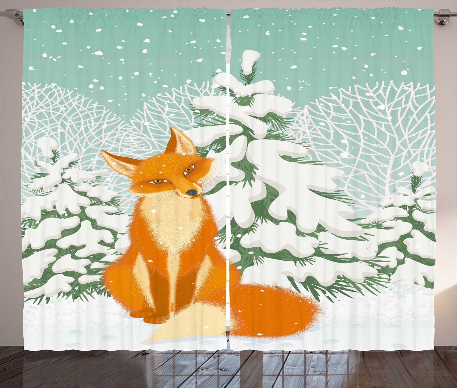 Fox Curtains 2 Panels Set, Red Fox Sitting in Winter Forest Snow ...