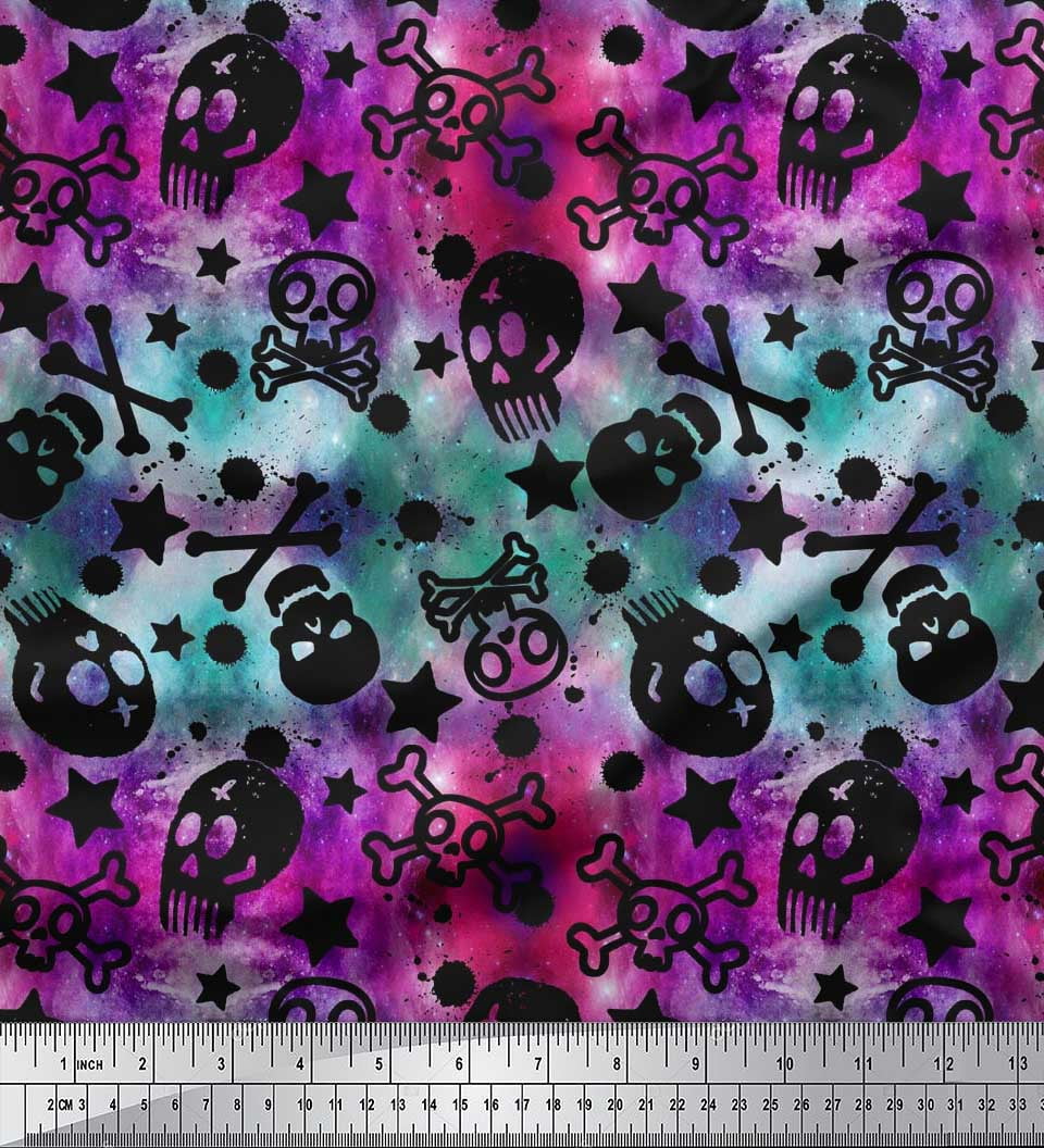 Soimoi Crepe Silk Fabric Star,Crossbones & Skull Halloween Print Sewing ...