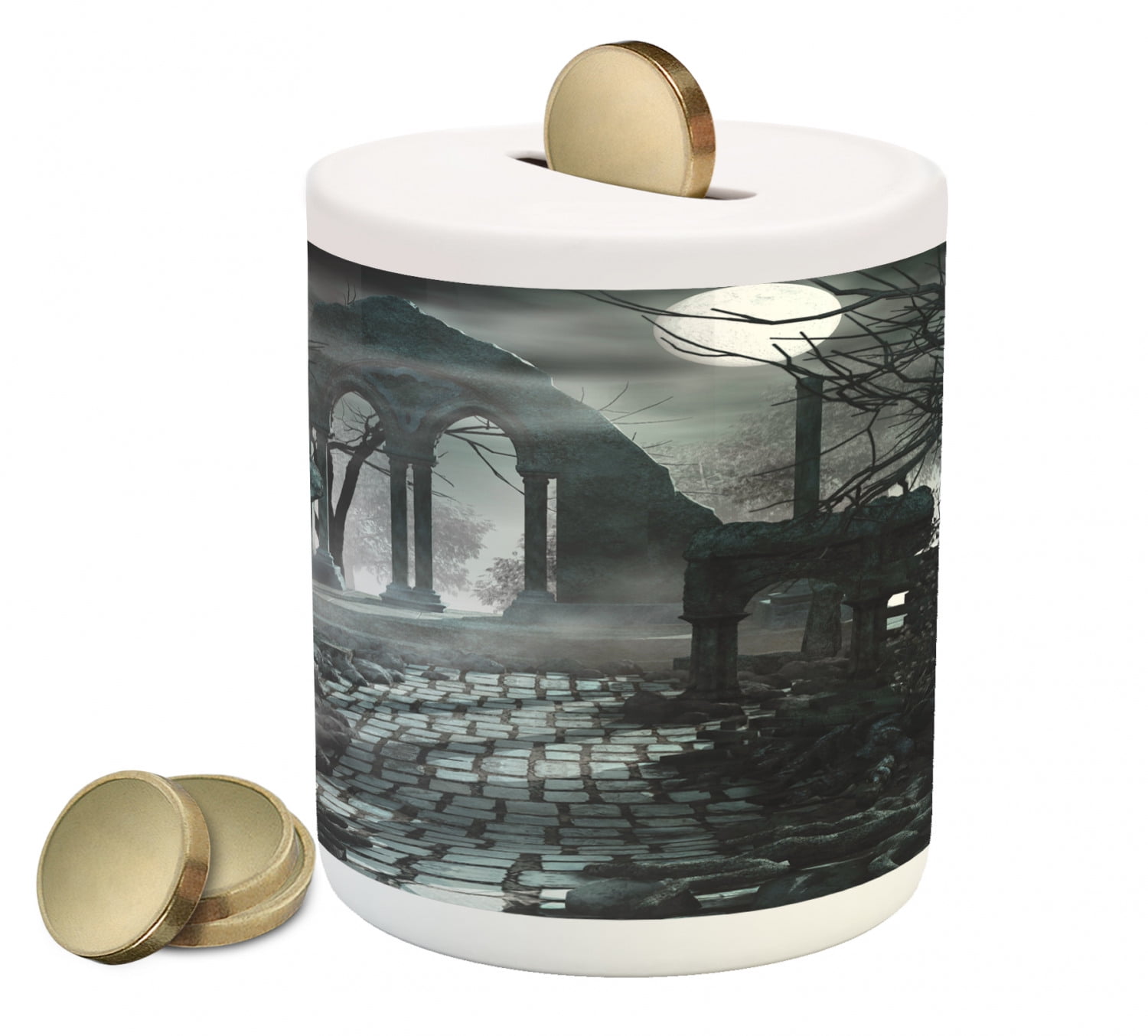 Gothic Piggy Bank, Full Moon over Medieval Building Ruins at Night Dark ...