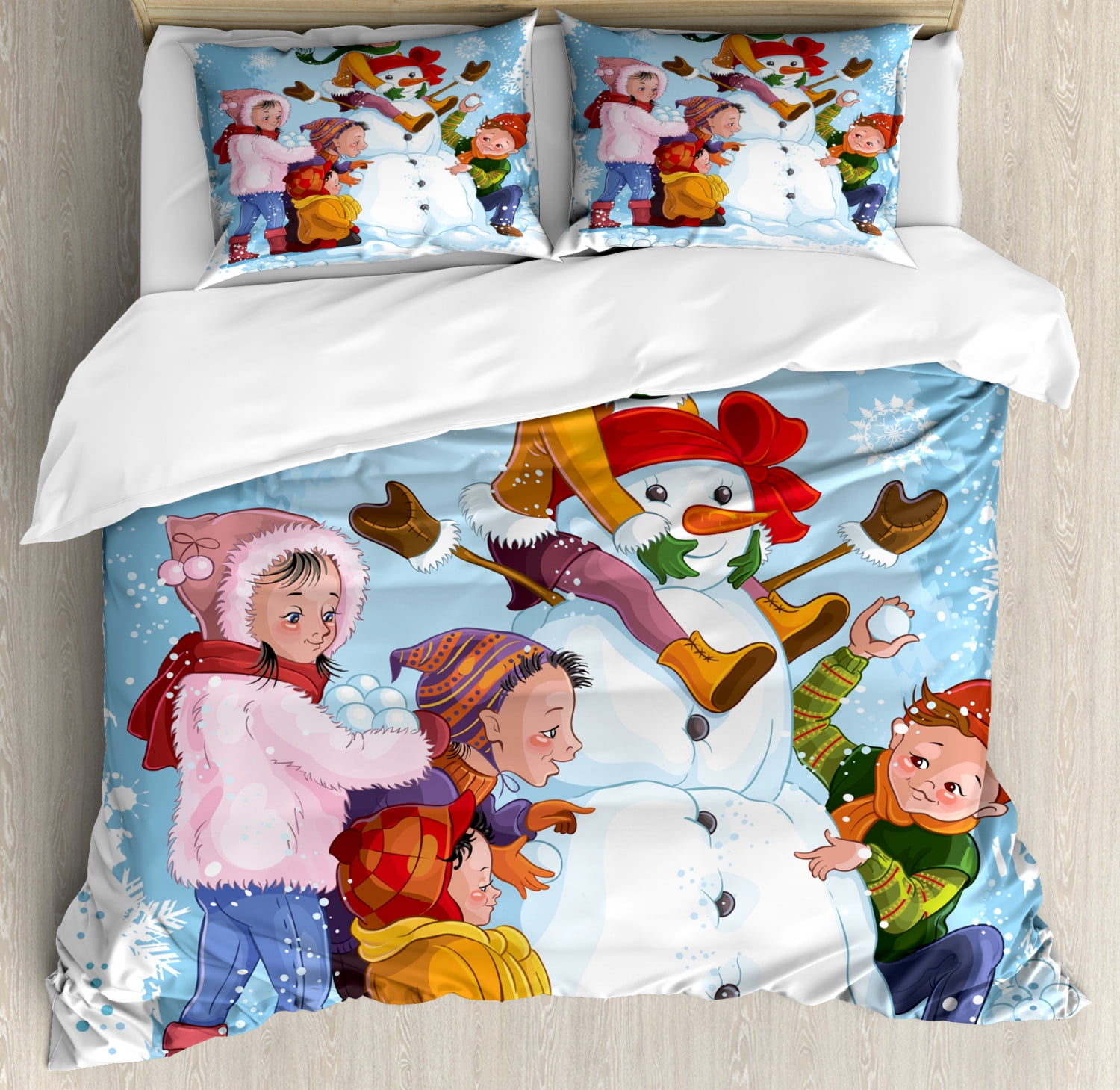 Snowman Duvet Cover Set, Cartoon Style Design of Children Playing ...