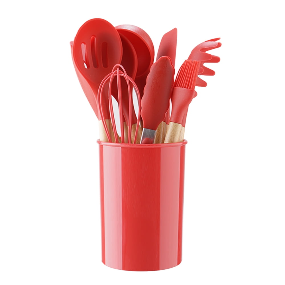 PEACNNG Wooden handle silicone kitchen utensil set with storage bucket ...
