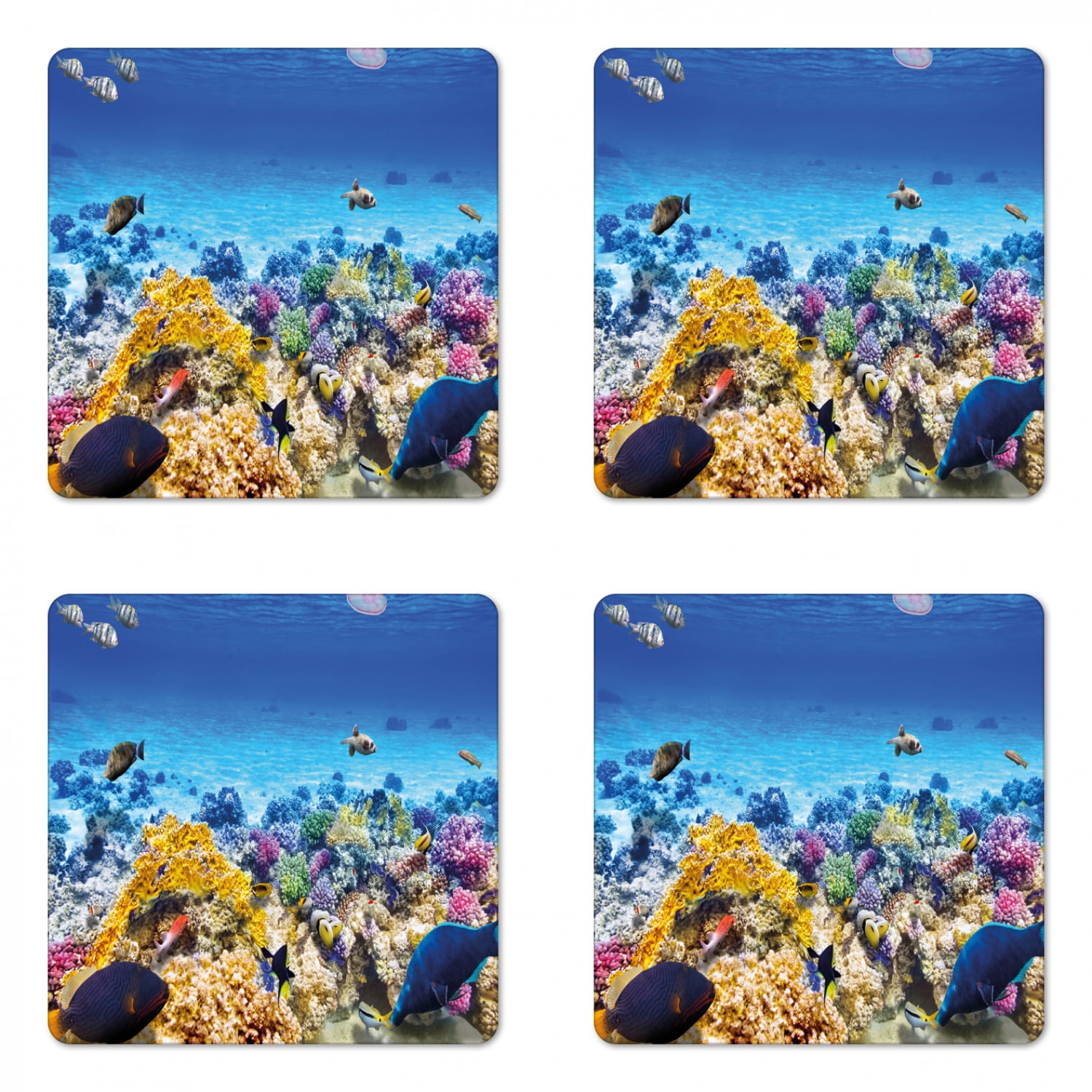 Fish Coaster Set of 4, Underwater Sea World Scene Goldfish Starfish and ...