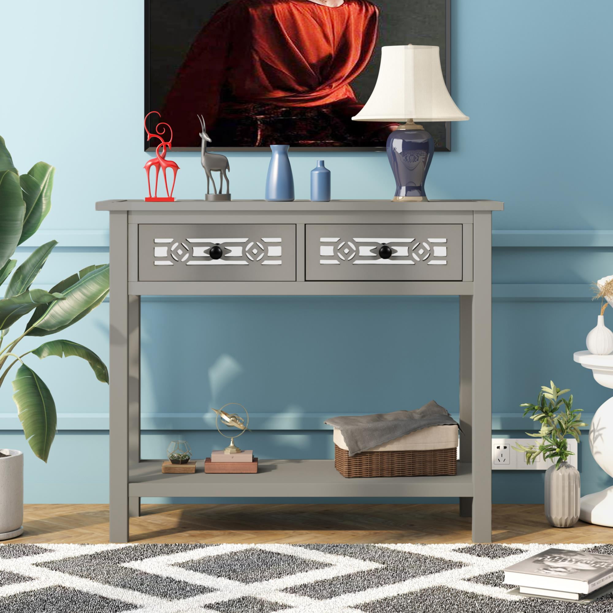 Winado Classic Gray 2-Drawer Console Table Sofa Side Tables with Open ...