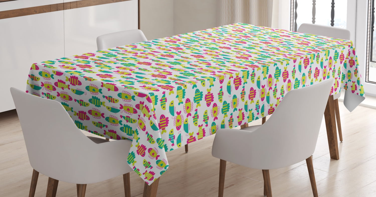 Fish Tablecloth, Animals of the Aquarium with Stripes Swirls and Hearts ...