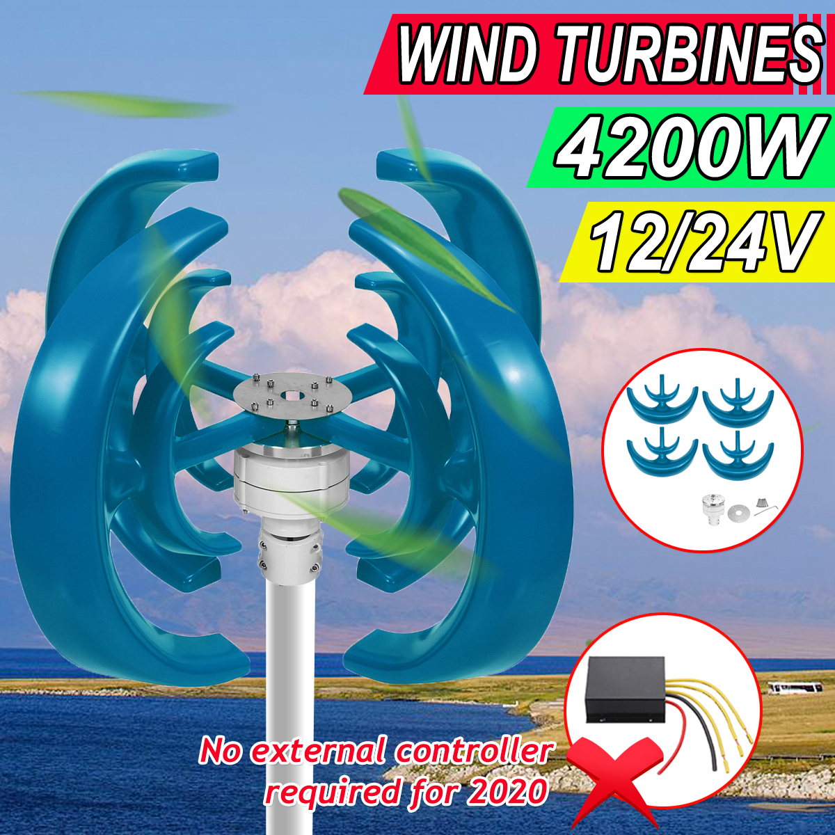 4200W 12V/24V Lantern Type DC Hoop Wind Generator,4 Rotor Blades Three ...