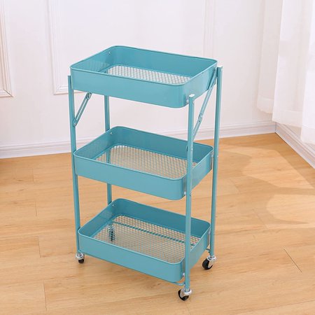 3-Tier Foldable Rolling Utility Cart Kitchen Trolley Rolling Storage ...