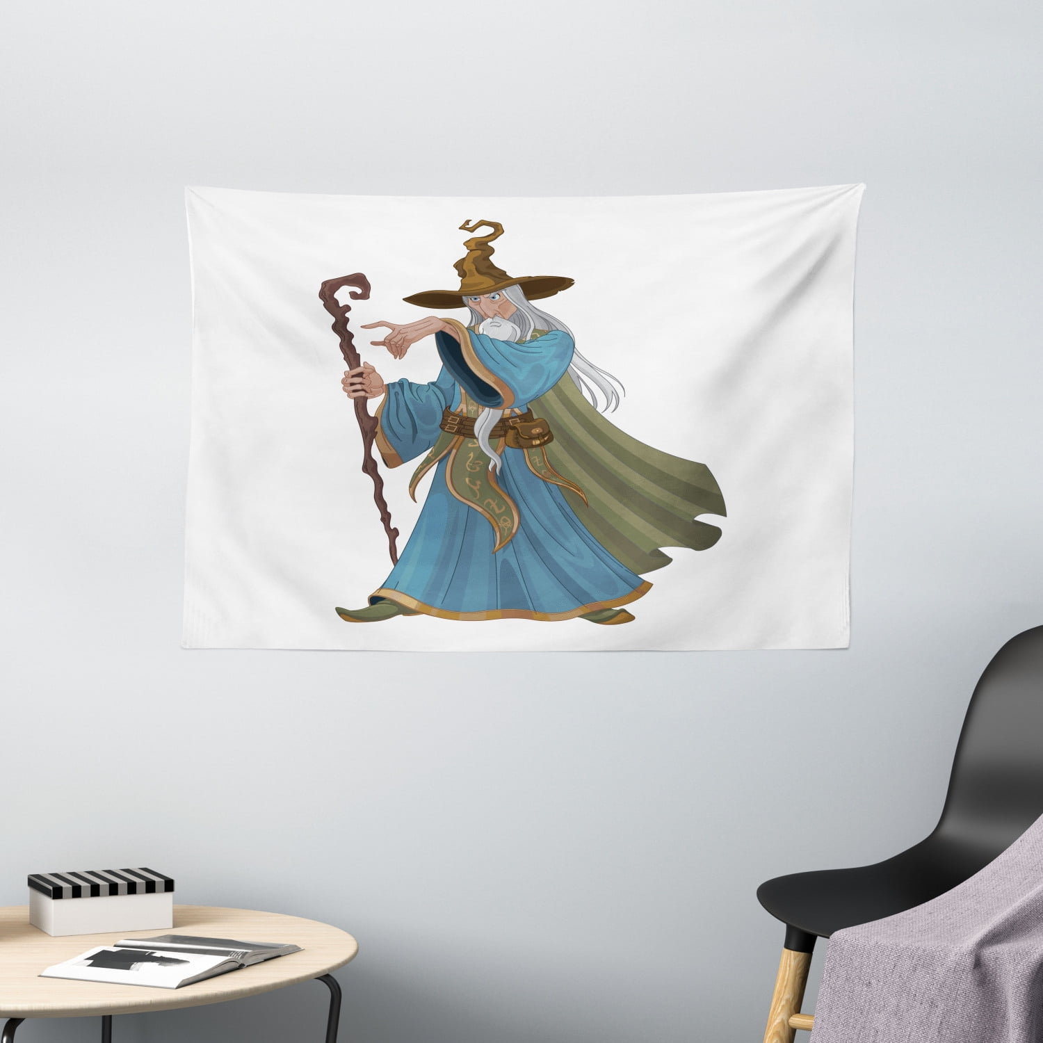 Wizard Tapestry, Fantasy Style Powerful Sorcerer with Staff Medieval ...