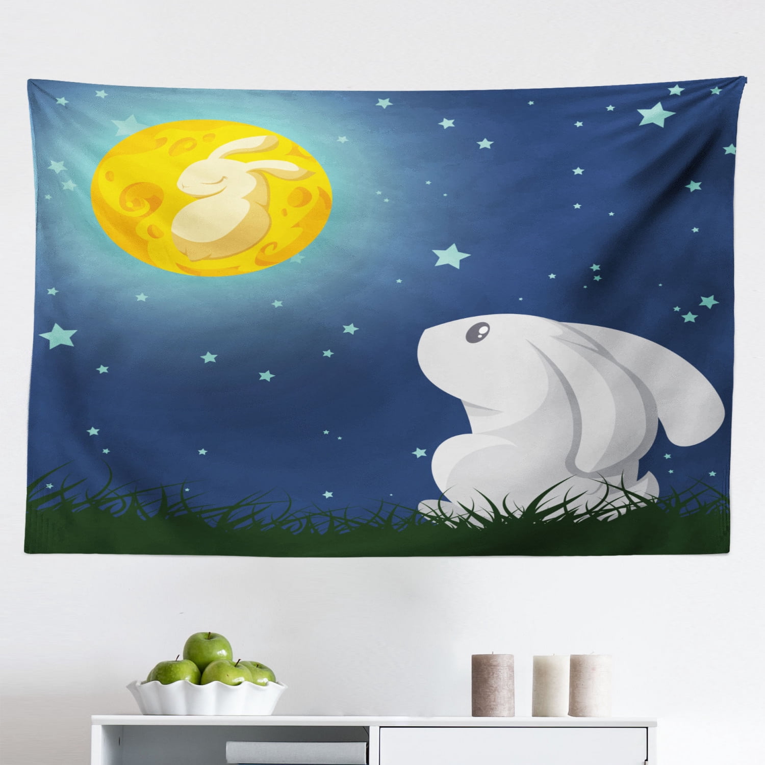 Bunny Tapestry, Rabbits Jumping Sitting Standing Pattern in Watercolor ...