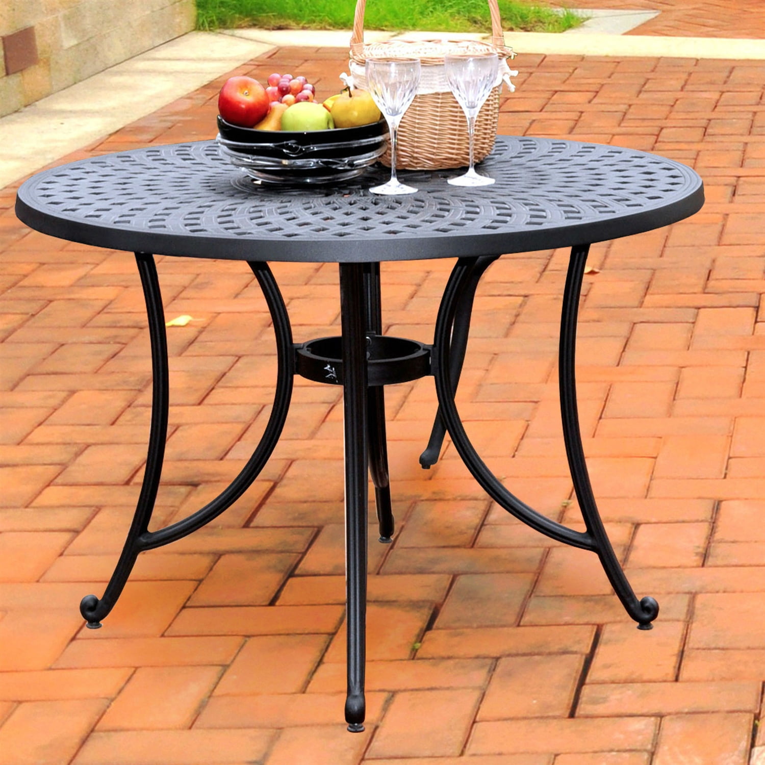 Round 42-inch Cast Aluminum Outdoor Dining Table in Charcoal Black ...