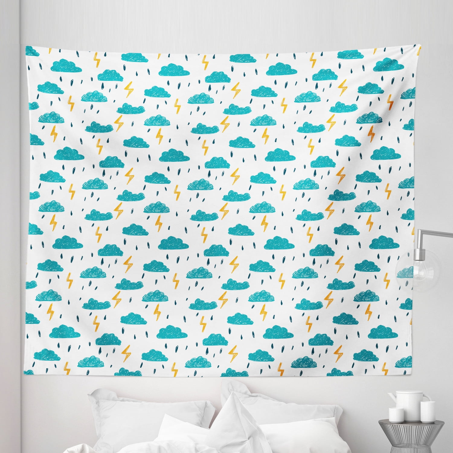 Winter Tapestry, Hand Drawn Style Blue Clouds and Bolts Drizzle Pattern ...