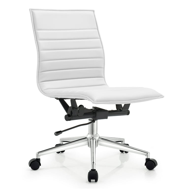 2xhome White Mid Century Modern Contemporary Executive Office Chair Mid Back PU Leather No Arm Rest Arms Tilt Adjustable Height with Wheels Back