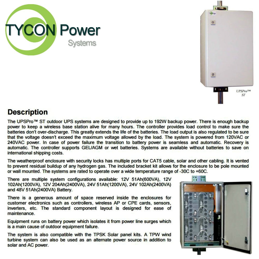 Tycon Power (UPS-ST48-50) UPSPro 48VDC 192W 2400VA Outdoor UPS System ...