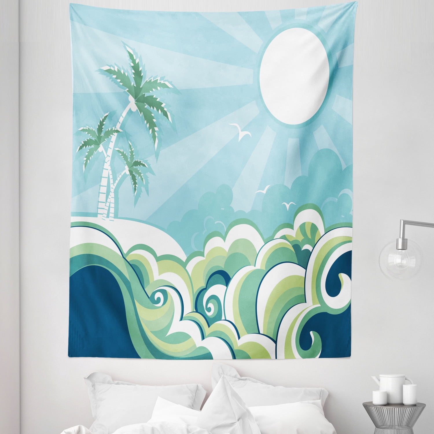 Tropical Tapestry, Wavy Sea Pattern with Palm Trees Seascape ...