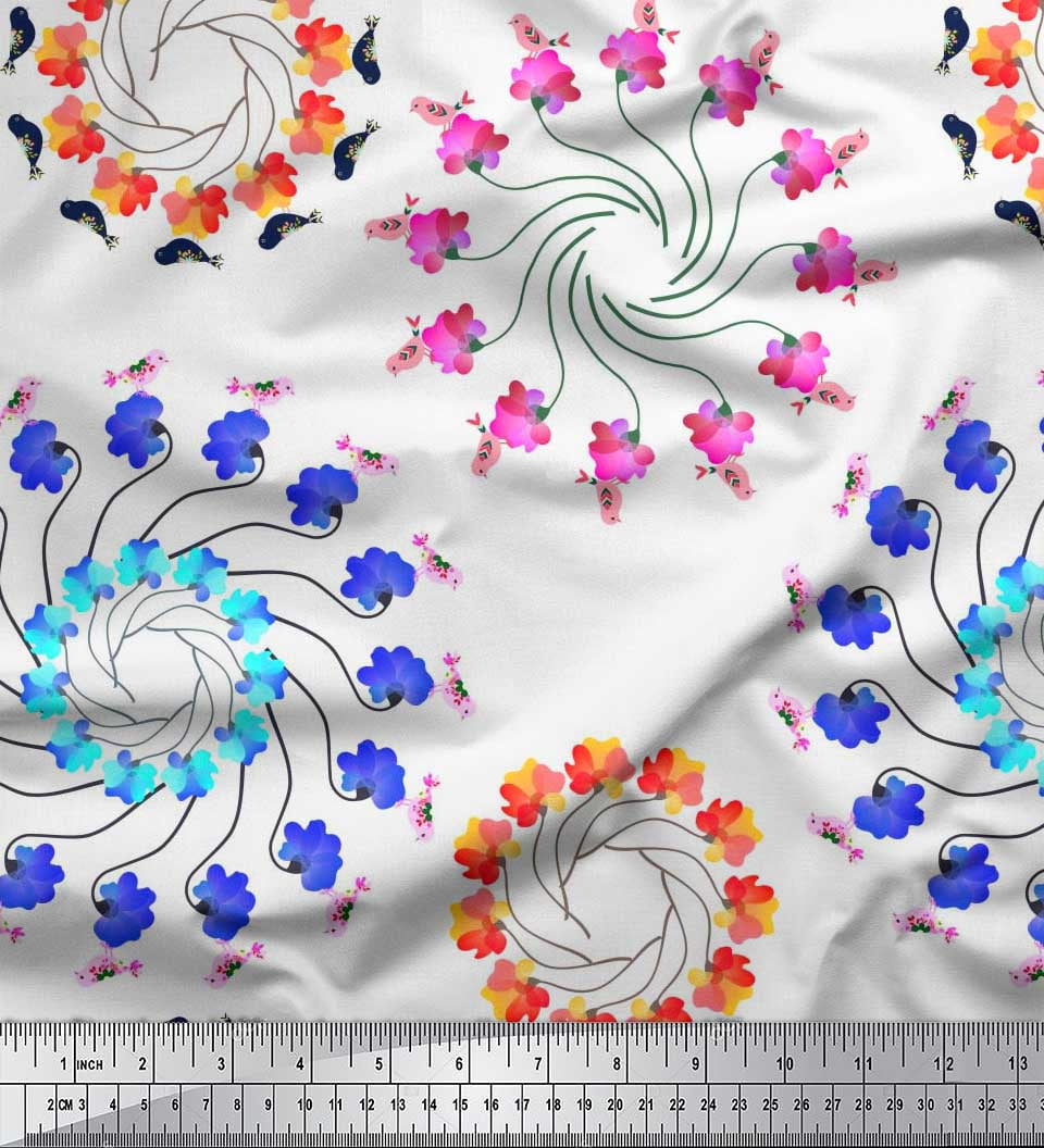 Soimoi polyester Crepe Fabric Floral & Birds Clip Art Print Fabric by ...